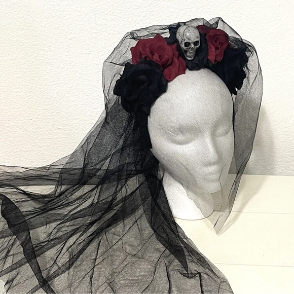 Accessories | Nu Black Burgundy Floral Skull Black Veil Dead Bride ...